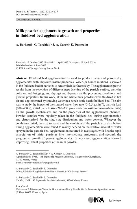 Pdf Milk Powder Agglomerate Growth And Properties In Fluidized Bed