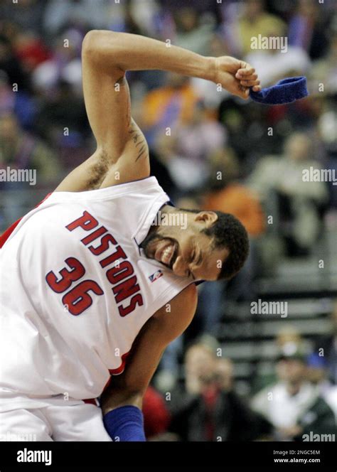 Detroit Pistons Forward Rasheed Wallace Celebrates After One Of His