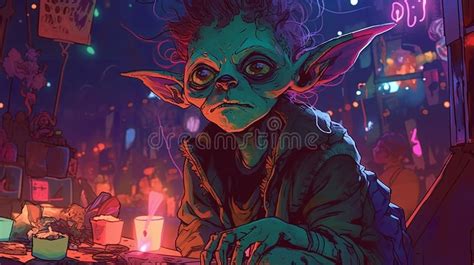 Comic Book Art Of A A Female Gremlin Sitting At A Bar With A Tired Look
