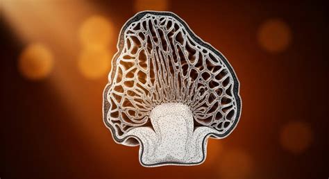 Close Up Illustration Of A Morel Mushroom Cross Section With Intricate
