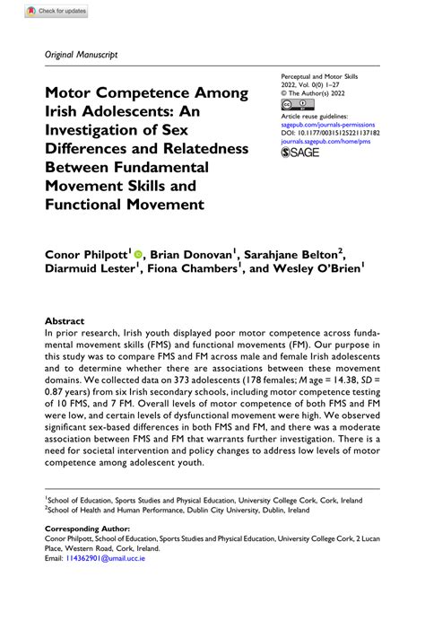 Pdf Motor Competence Among Irish Adolescents An Investigation Of Sex