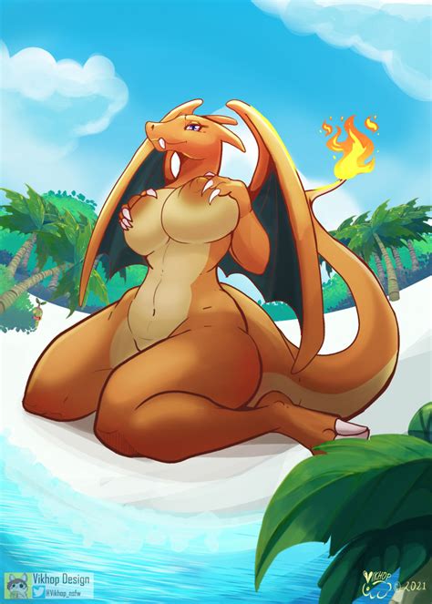 Rule 34 2d Anthro Beach Belly Button Charizard Dragon Female Large Breasts Nintendo On Knees