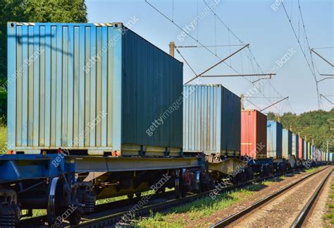 Cargo Containers Transportation On Freight Train By Railway Intermodal