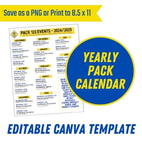 Cub Scout Year At A Glance Pack Calendar Editable Canva Template