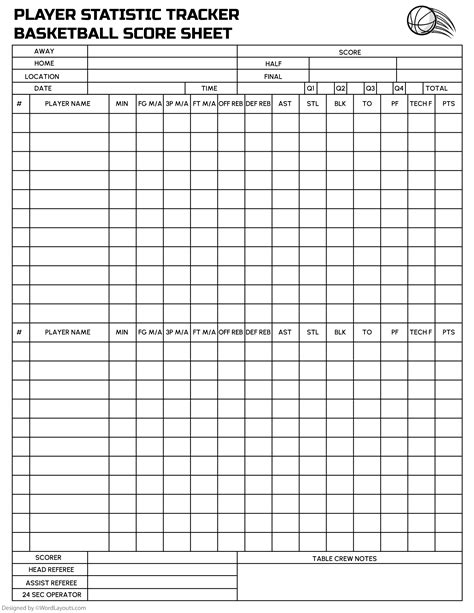 Basketball Game Time Tracker Stat Sheet Template Wordlayouts