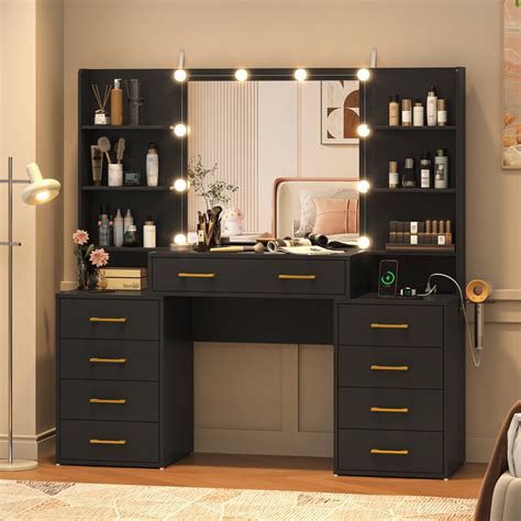 Black Vanity Desk With Mirror And Led Lights Glass Top Vanity Desk With