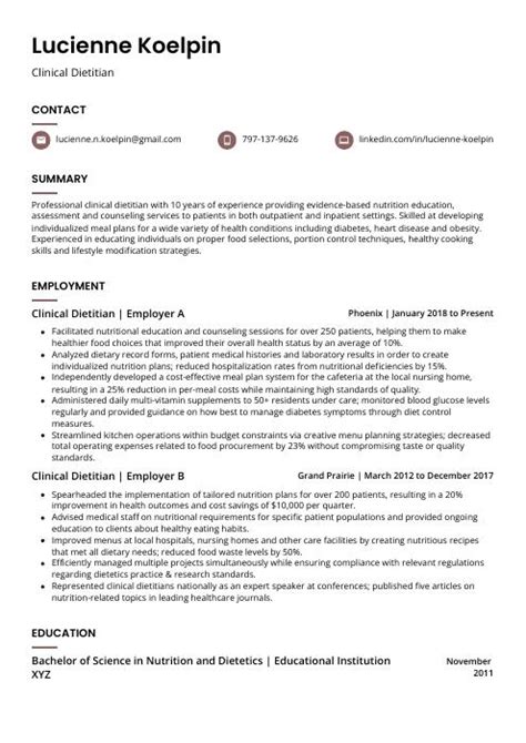 Clinical Dietitian Resume Cv Example And Writing Guide