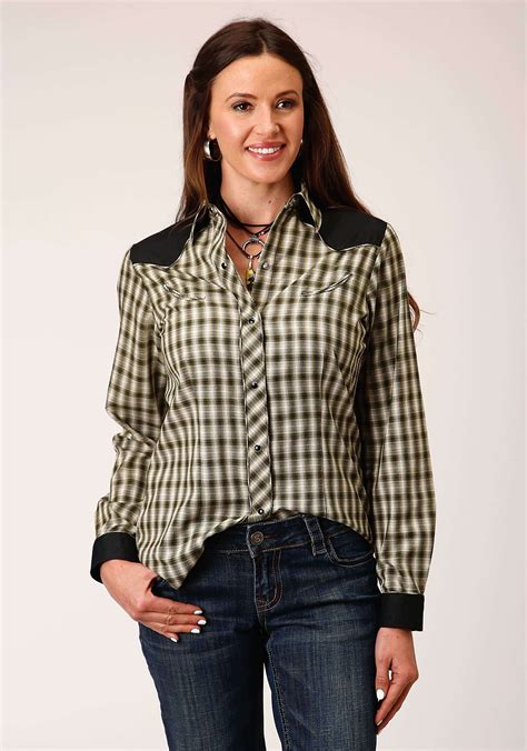 Roper Womens Long Sleeve Snap Olive Black Cream Windowpane Plaid