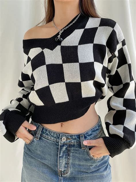 Geumxl Fall Outfits Casual V Neck Black White Plaid Sweater Female