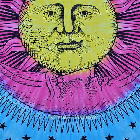Turquoise Blue And Yellow Sun Face Moon Tapestry Tie Dye Sheet