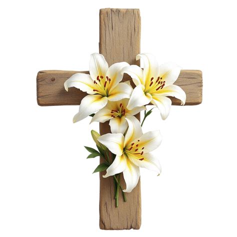 A Wooden Cross With White Lilies On It 59916347 Png
