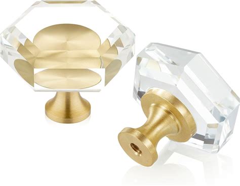 Qogrisun 5 Pack Hexagon Glass Cabinet Knobs 1 12 Large Brass And