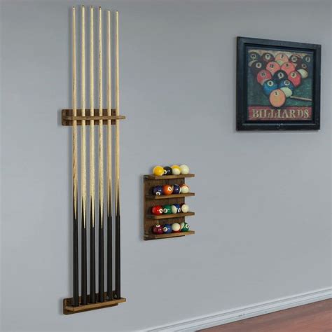 Wall Mounted Dark Brown Wood Pool Cue Stick Holder Rack For 6 Cues With Billiard Ball Storage