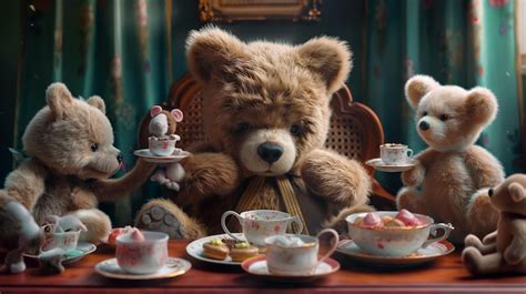 Premium Photo There Are Five Teddy Bears Sitting At A Table With Tea