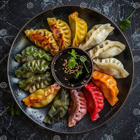 Assorted Colorful Dumplings Arranged Artfully On A Dark Plate Vibrant