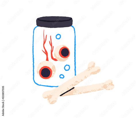 Eye Balls Canned In Glass Jar And Bones Scary Halloween Composition