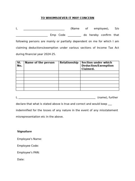 Declaration For Dependent Person Pdf