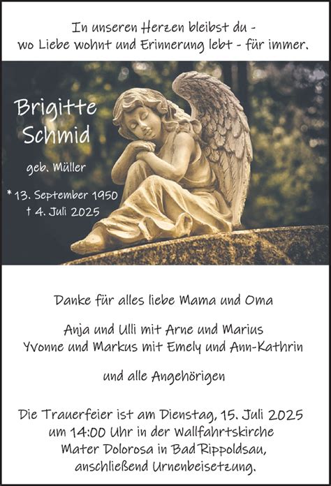 Traueranzeigen Von Brigitte Schmid Schwarzwälder Bote Trauer