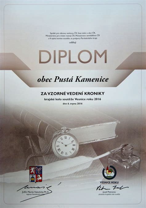 Vesnice Roku 2016 V Pardubickém Kraji Diplom Za Vzorné Vedené Kroniky