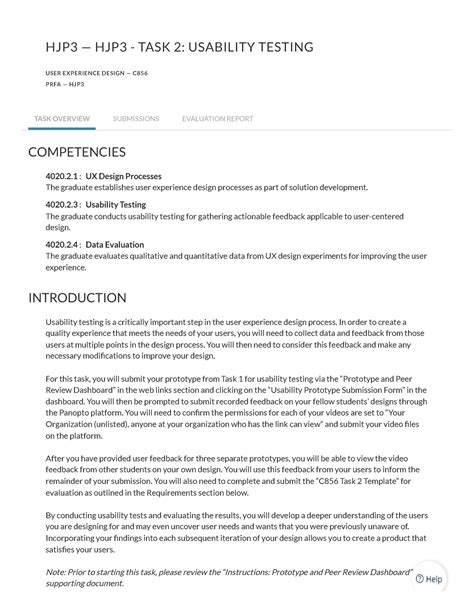 C856 Task 2 Wgu Performance Assessment Rubric Hjp3 — Hjp3 Task 2 Usability Testing User