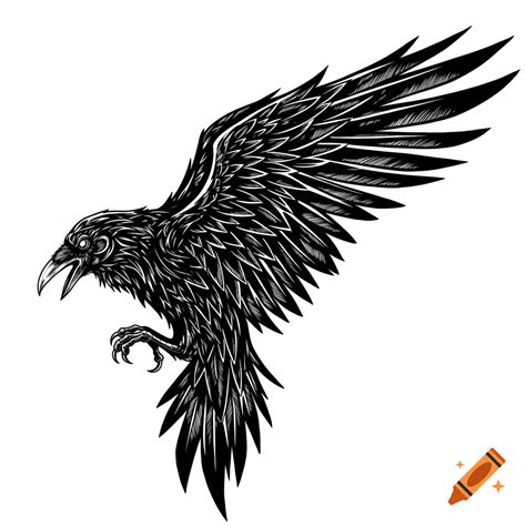 A Black And White Line Drawing Of A Tribal Style Raven In Flight On