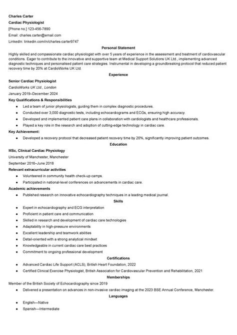 Cardiac Physiologist Cv Example And Writing Guide