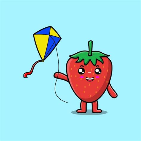 귀여운 만화 딸기 캐릭터 연 플레이 만화 아이콘 벡터 일러스트 레이 션 프리미엄 벡터
