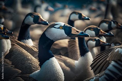 Flock Of Geese Crowd Many Birds Migration Generative Ai Stock