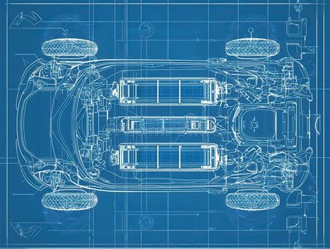 Detailed Blueprint Of A Car Chassis With Components Showing Technical Drawings Measurements