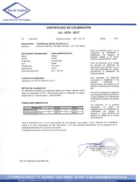 Certificado Pinza Amperimetrica 2017 Pdf Pdf