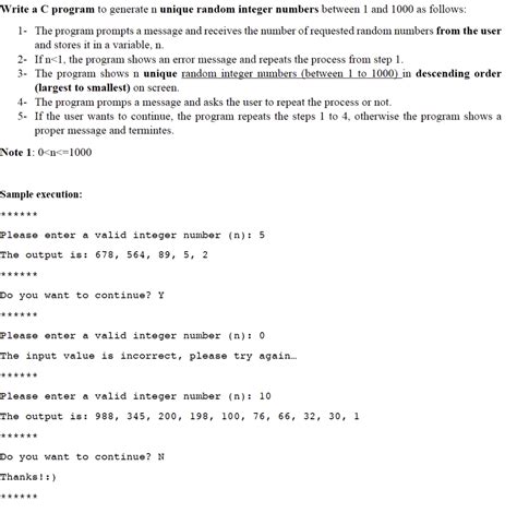 Solved Write a C program to generate n unique random integer | Chegg.com