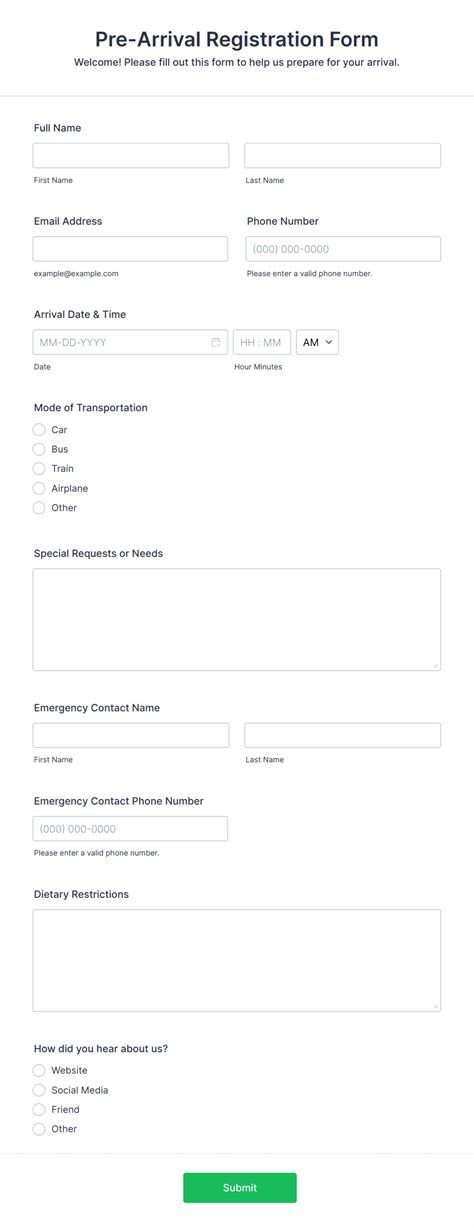 Pre Arrival Registration Form Template Jotform
