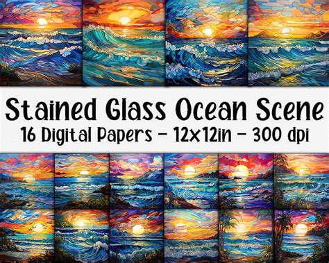 Stained Glass Ocean Scenes Digital Papers Ocean Stained Glass