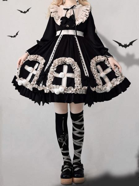 Black And White Gothic Cross Pattern Hem One Piece Full Set