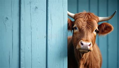 Esquina De Observación De Vaca Highland Contra Fondo De Pared De Madera