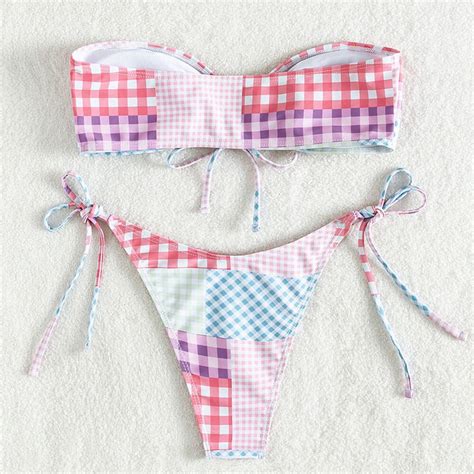 Gingham Patchwork Tie String Bandeau Bikini Swimsuit Sunnybikinis