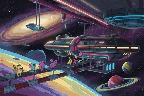 외계인과 떠다니는 우주선이 등장하는 생동감 넘치는 Sf 우주 장면 만화 우주 정거장 미래 공상 과학 예술 활기찬 은하 그림