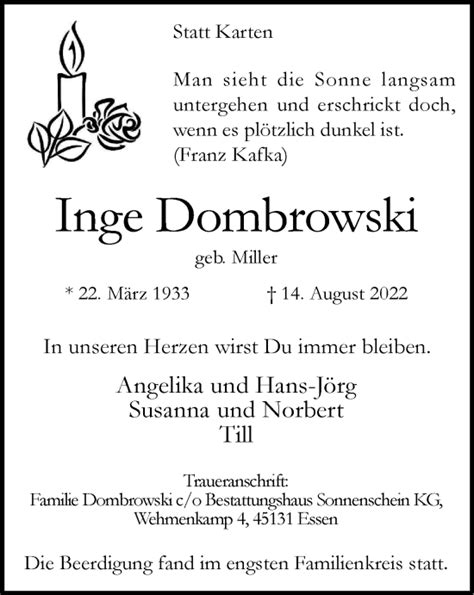 Traueranzeigen Von Inge Dombrowski Trauer In Nrwde