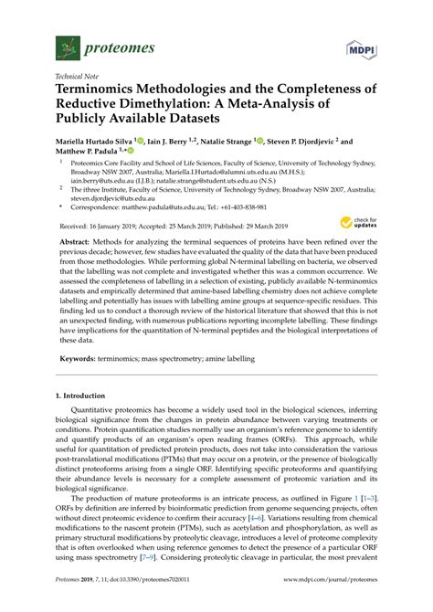 Pdf Terminomics Methodologies And The Completeness Of Reductive Dimethylation A Meta Analysis