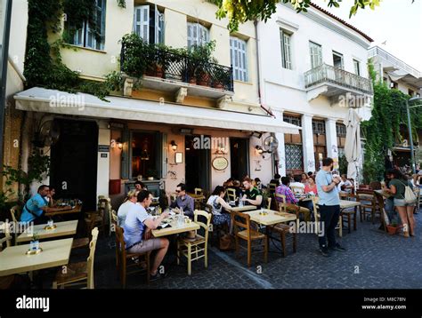 Restaurants Bars And Cafes On The Narrow Streets Of Athens S Old City Stock Photo Alamy