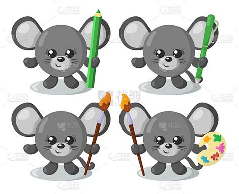 一套有趣的可爱可爱的鼠标与圆的身体，铅笔，钢笔，画笔和调色板在平面设计与阴影