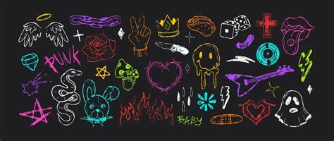 손으로 그려진 크레이온 색의 록 앤 롤 음악 아이콘 또는 나무 석탄 그래피티 크 상징 무료 벡터