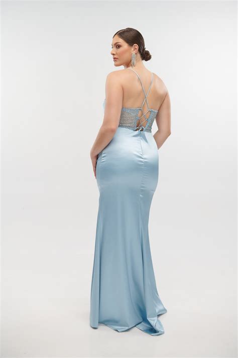 Φόρεμα Maxi Σατέν με Glitter Light Blue Amarli Foryoufashion