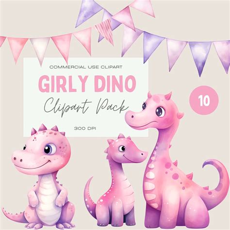Girly Dinosaur Clipart Pack Pink Dinosaur Pngs Commercial Use Etsy