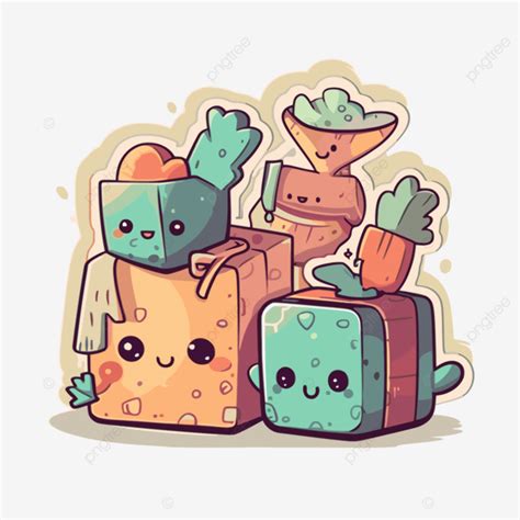 Four Cute Cartoon Characters Sitting On A Block Vector Packages