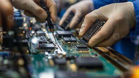 Technicians Assembling A Complex Circuit Board In A Modern Electronics