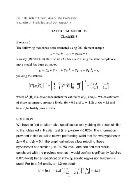 Classes 8 Answers For Statistical Methods I Stat 101 Prof Szulc