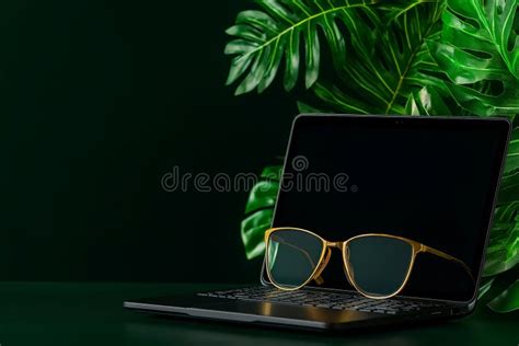Sleek Laptop With Blank Screen And Stylish Glasses Rests On Dark Green