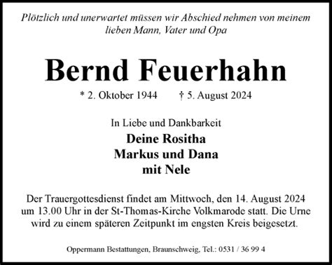 Traueranzeigen Von Bernd Feuerhahn Trauer38 De