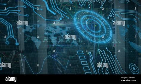 Image Of Interface With Data Processing And Round Scanner Over Close Up Of A Computer Server
